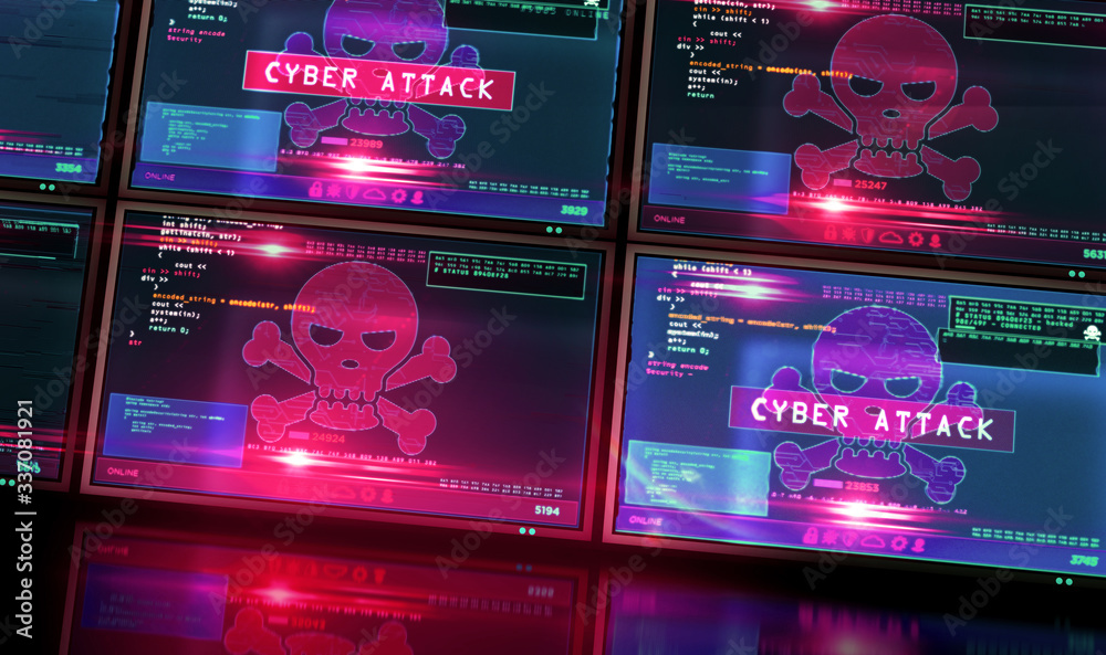 Cyber attack with skull symbol alert on screen Stock Illustration ...
