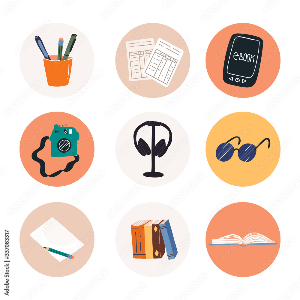 Fun hand drawn hobby and learning highlights, sticker, icon set. E ...