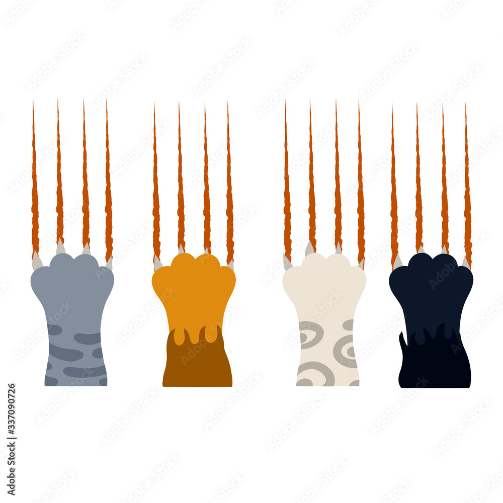 Set of different cat paws with claws and bloody scratch marks. Injury ...