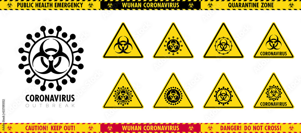 Vector set of triangular signs and caution tapes about epidemic: Public ...