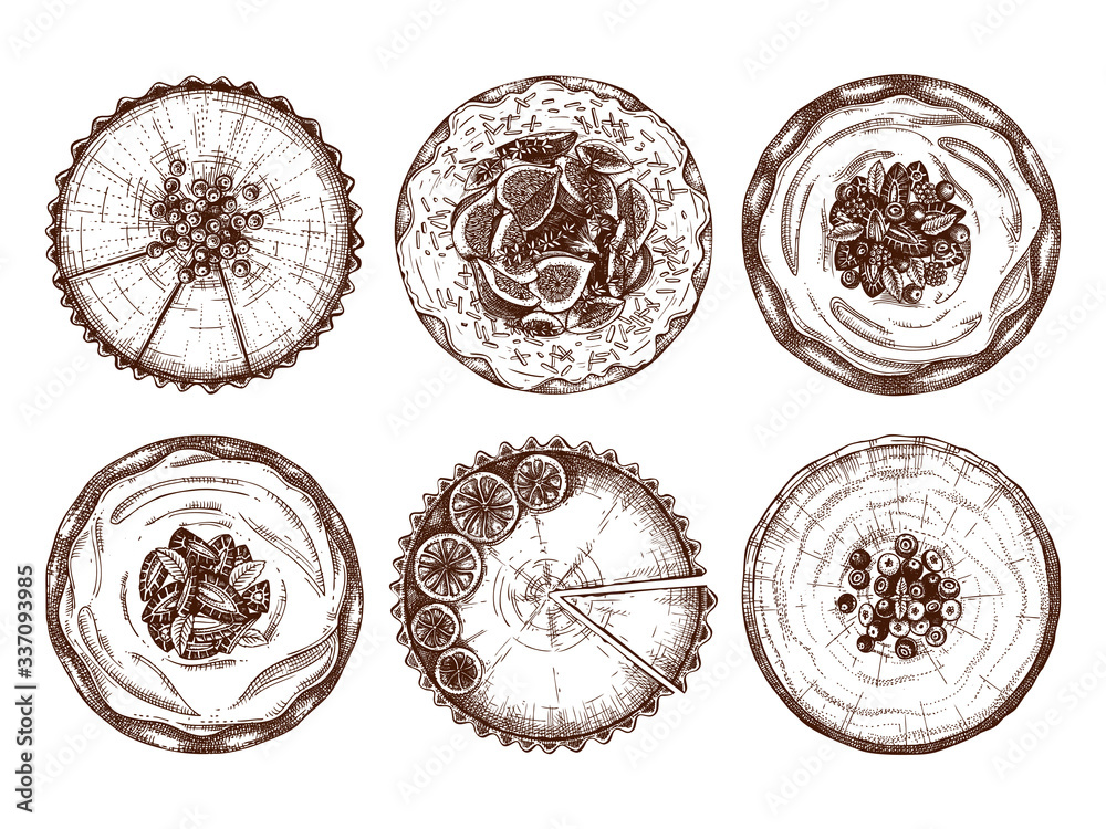 Fruit and berry desserts collection. Hand drawn baking cakes and pies ...