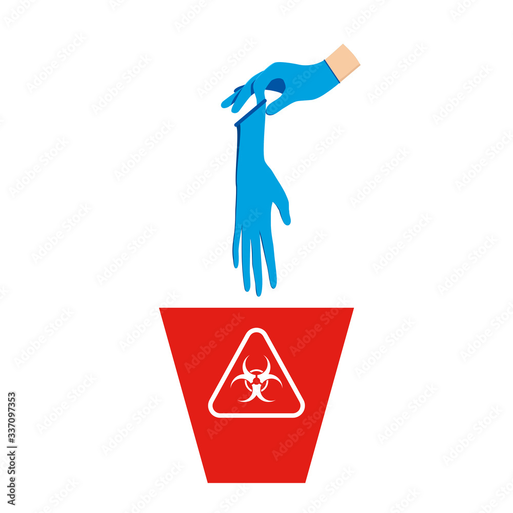 The hand wear rubber glove and holding a used rubber glove is above the ...