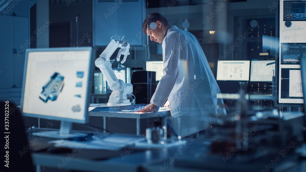 Professional Heavy Industry Robotics Engineer Wearing White Coat ...