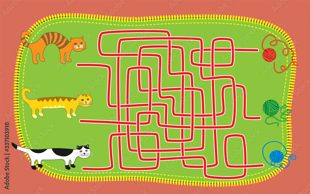 Maze game for children with kittens and balls of yarn. Help kittens to get to the balls of yarn ...