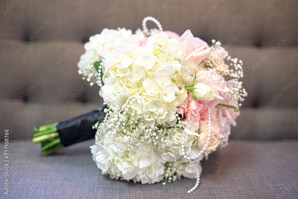 Romanatic pink, yellow and purple roses with white hydrangea bridal ...