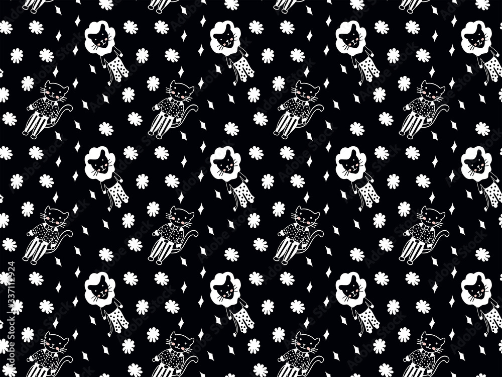 Seamless pattern of white contour tiger cubs and lion cubs with rosy ...