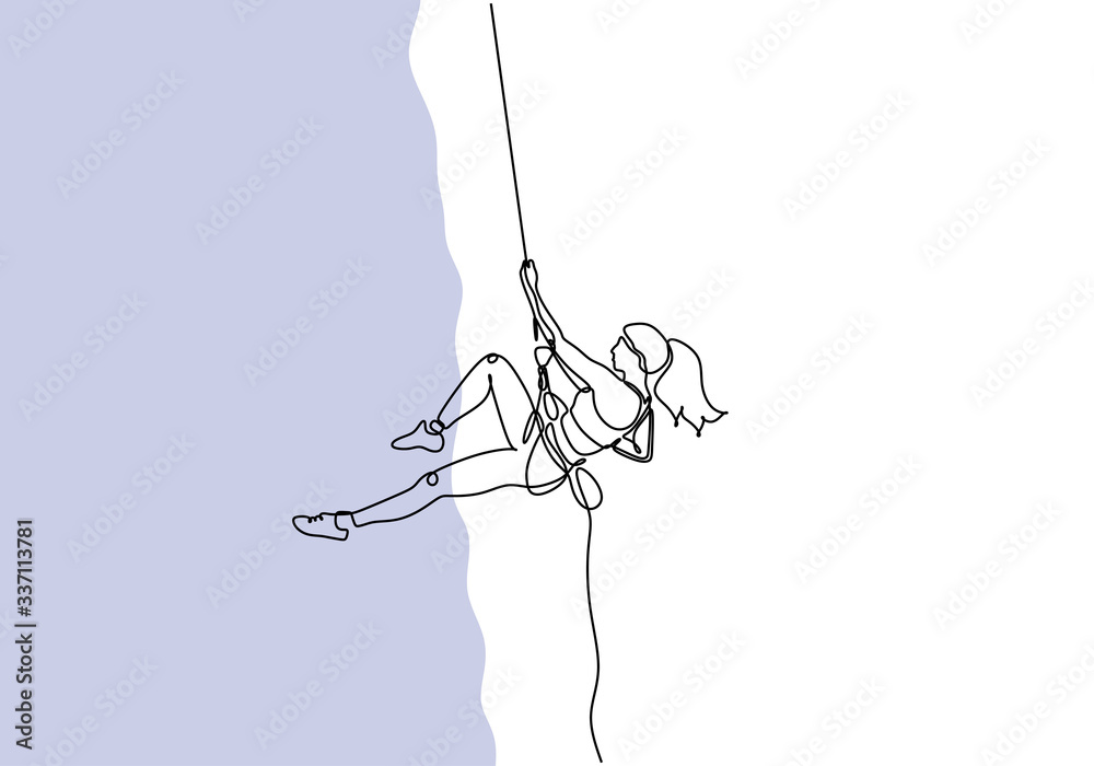 Extreme sport one line drawing. Girl doing rock climbing with a rope ...