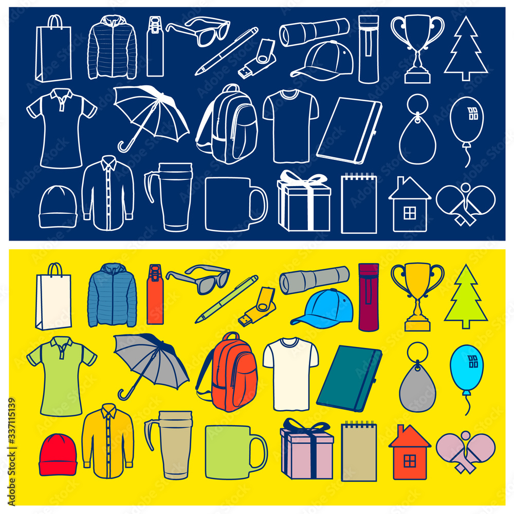 Set of promotional items and gifts, white stroke of items and colored ...