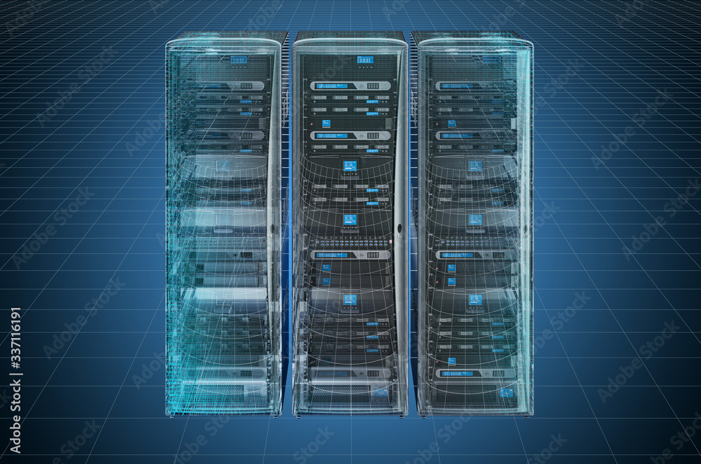 Visualization 3d cad model of Computer Server Racks, blueprint. 3D ...
