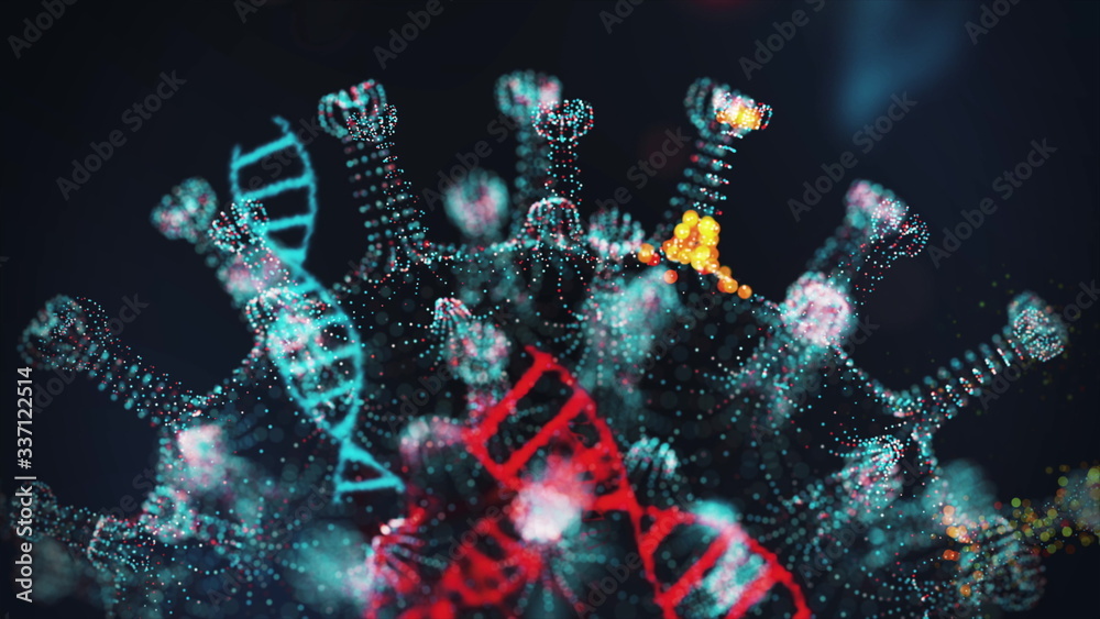 Digital model of coronavirus COVID-19 and dna strand shown as round ...