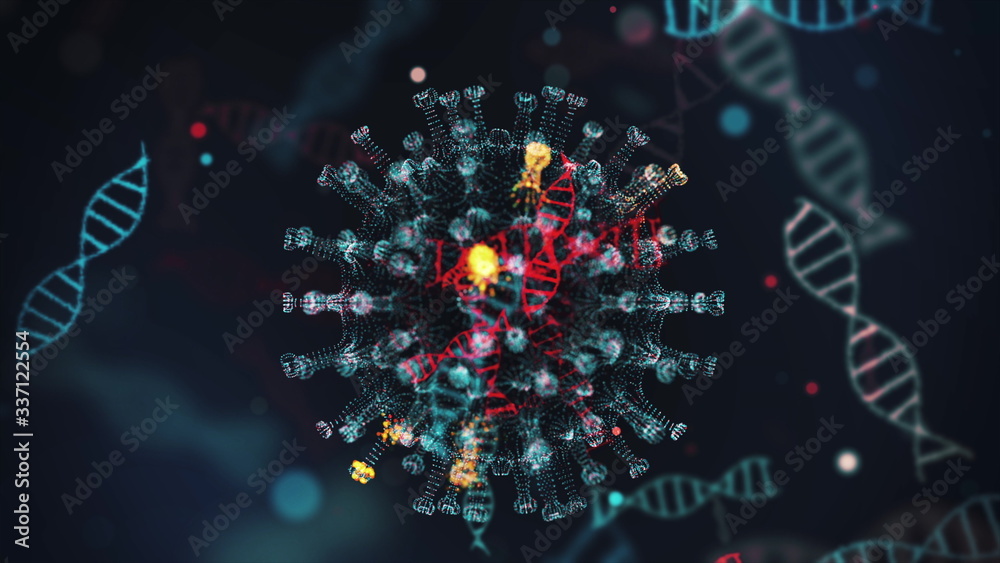 Digital model of coronavirus COVID-19 and dna strand shown as round ...