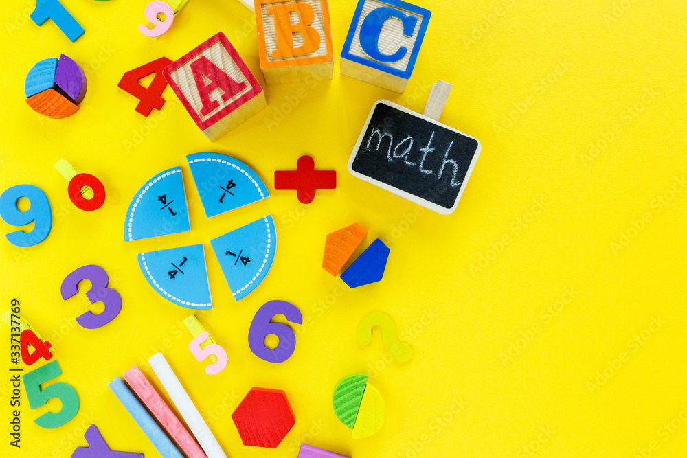 Colorful math fractions on yellow background. Blocks with title School ...