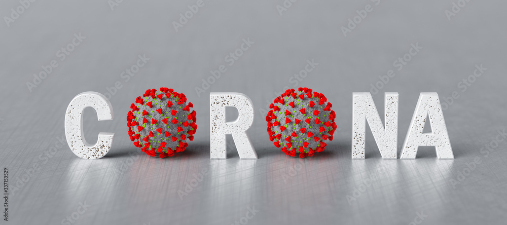3d text CORONA with virus model as O on metal background Stock Photo ...