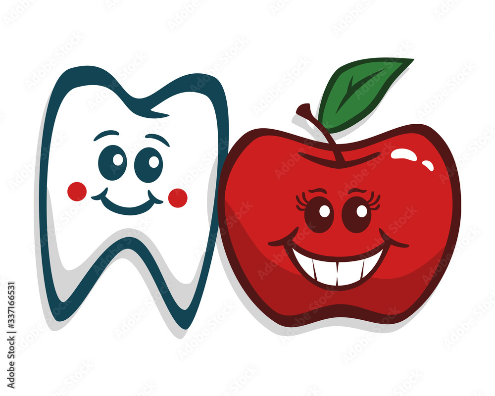 Vector drawing of a happy tooth and a smiling red apple. Drawn in a ...