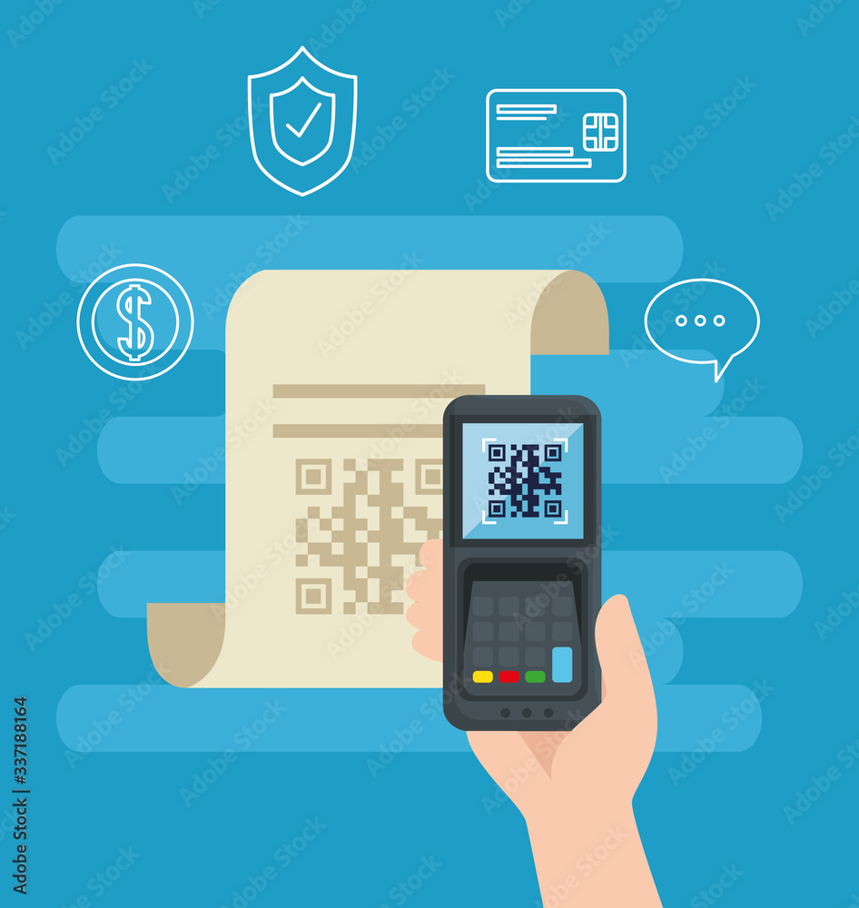 qr code inside dataphone and receipt paper design of technology scan ...