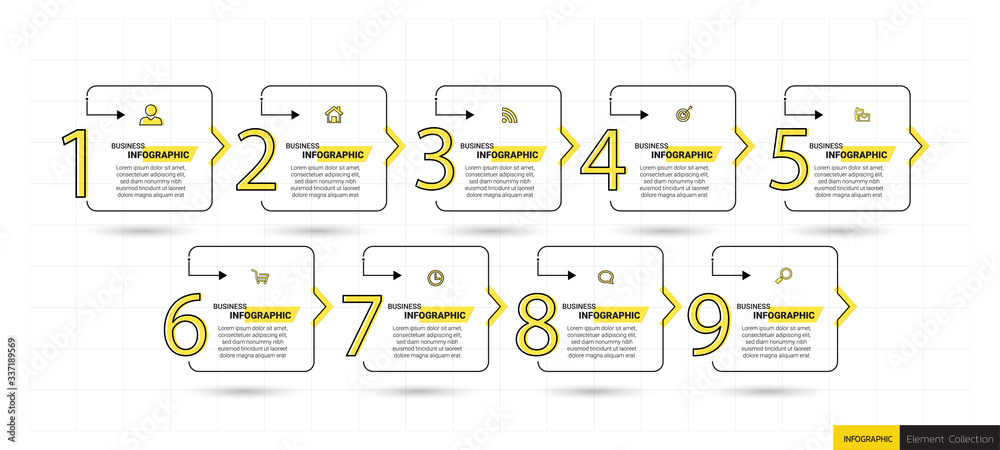 Timeline Infographics design template, linear concept with 9 steps ...