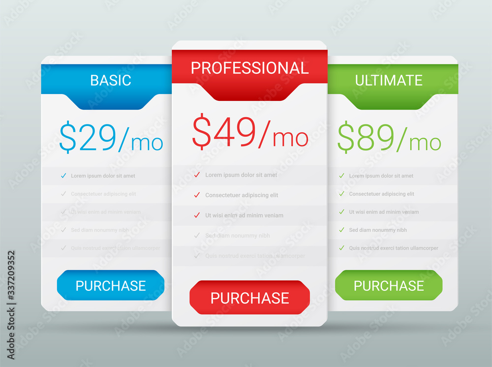 Price comparison table layout template for three products, vector ...