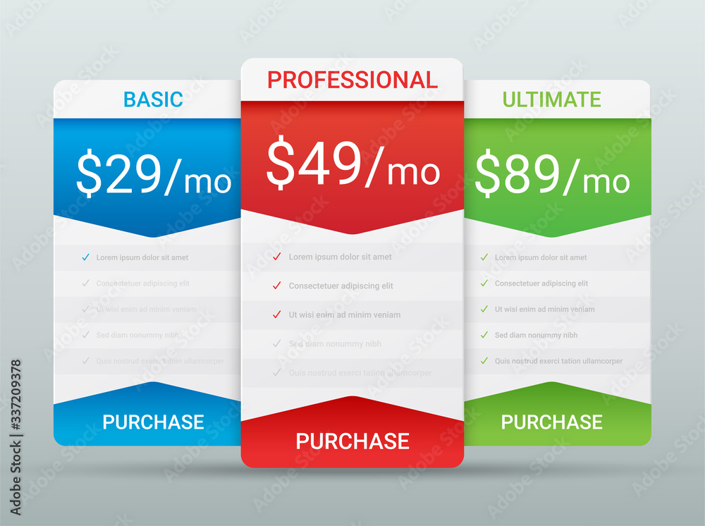 Price comparison table layout template for three products, vector ...