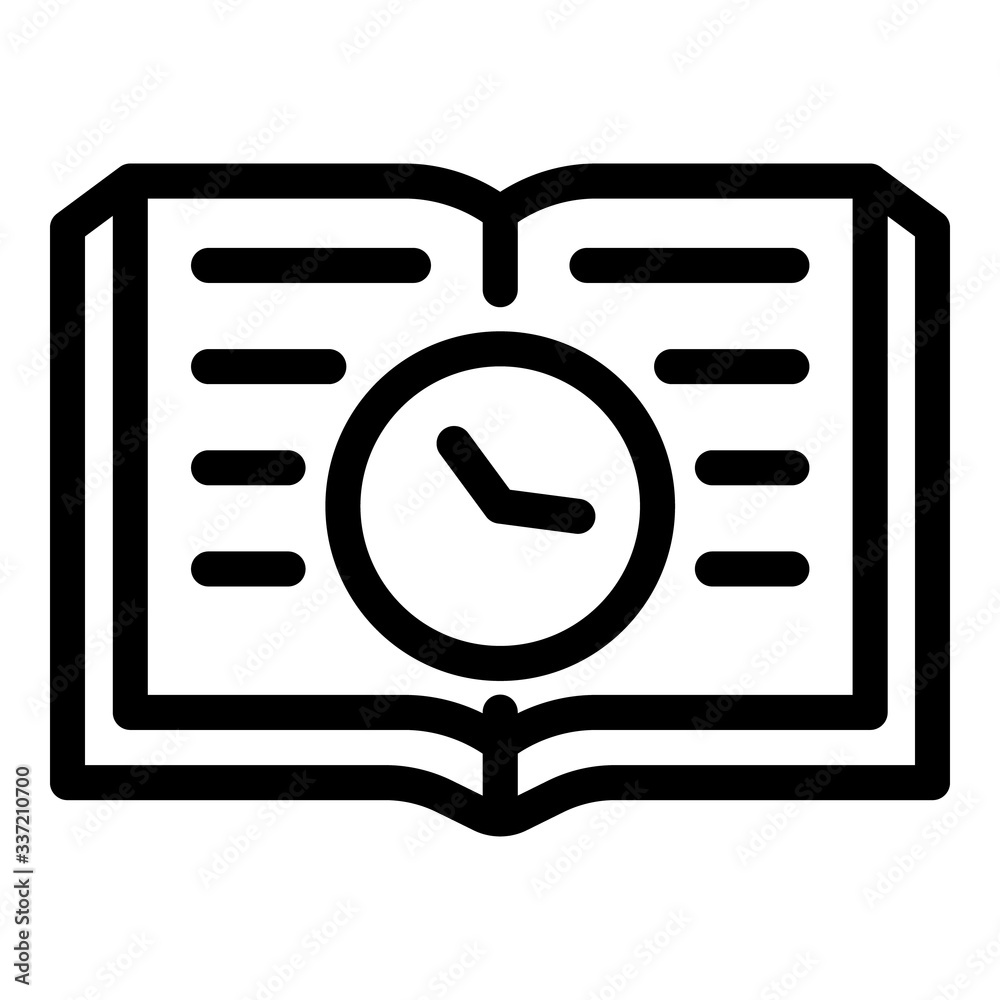Open book and time icon. Outline open book and time vector icon for web ...