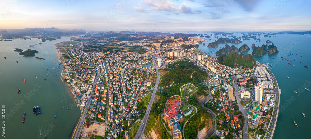Panorama of Ha Long City, Vietnam, with Sun World Halong park and Bai ...