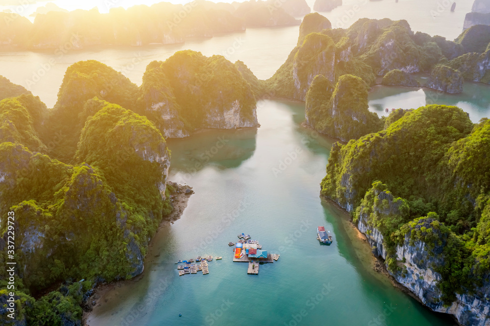 Aerial view Vung Vieng floating fishing village and rock island, Halong ...