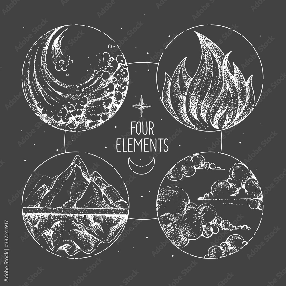Modern magic witchcraft card with four elements. Hand drawing occult ...