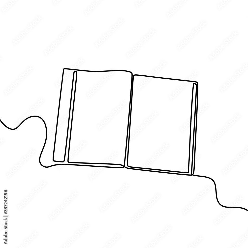 One single line drawing of opened page book at school library. Book on ...
