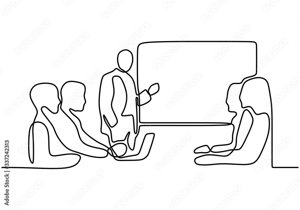 continuous line drawing of business presentation with team in meeting ...