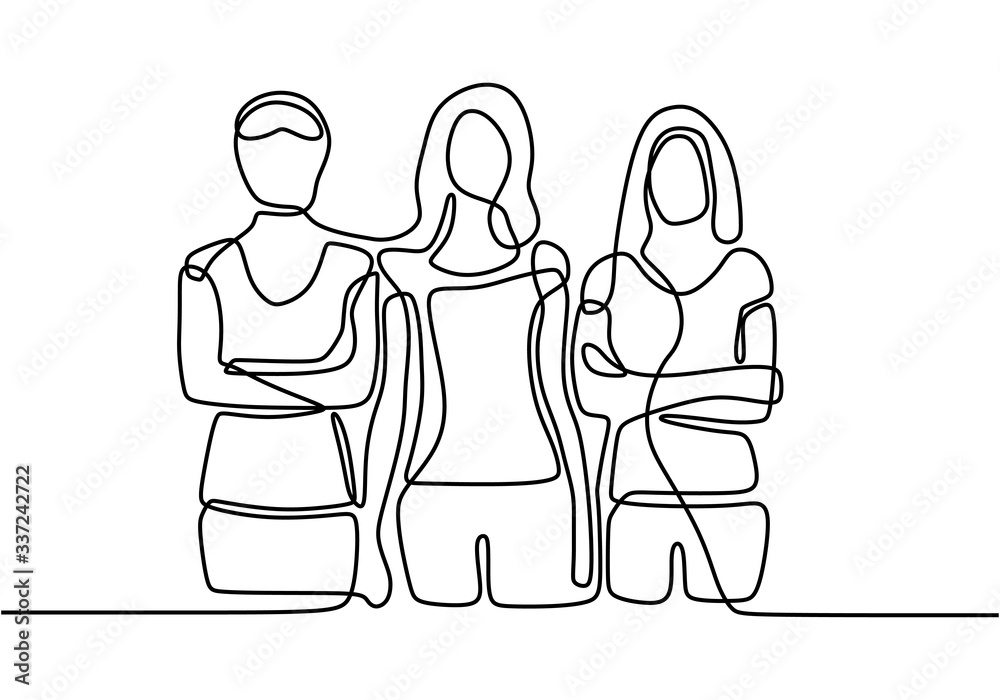 continuous line drawing of three standing women. Hand drawn confident ...