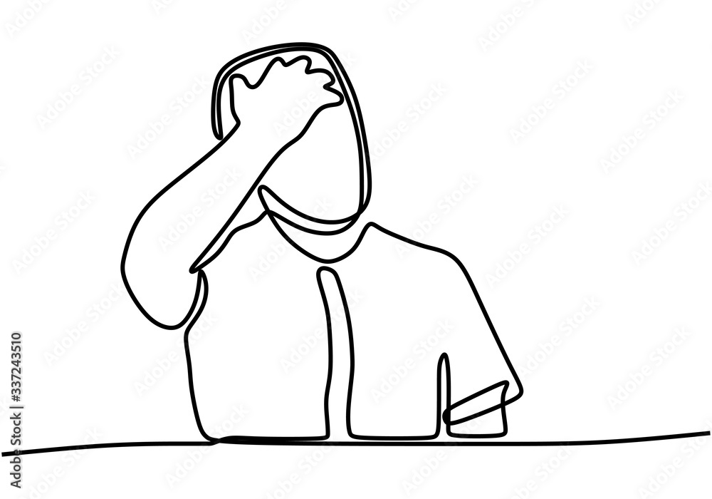 Continuous line drawings of man feeling sad, tired and worried ...