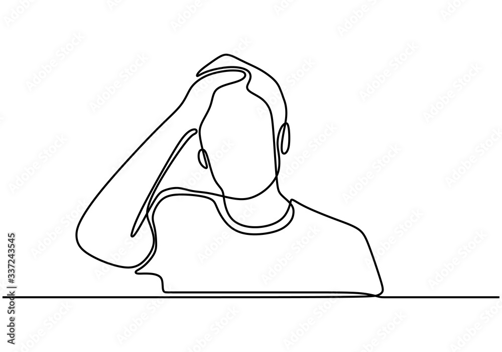 Continuous line drawings of man feeling sad, tired and worried about ...