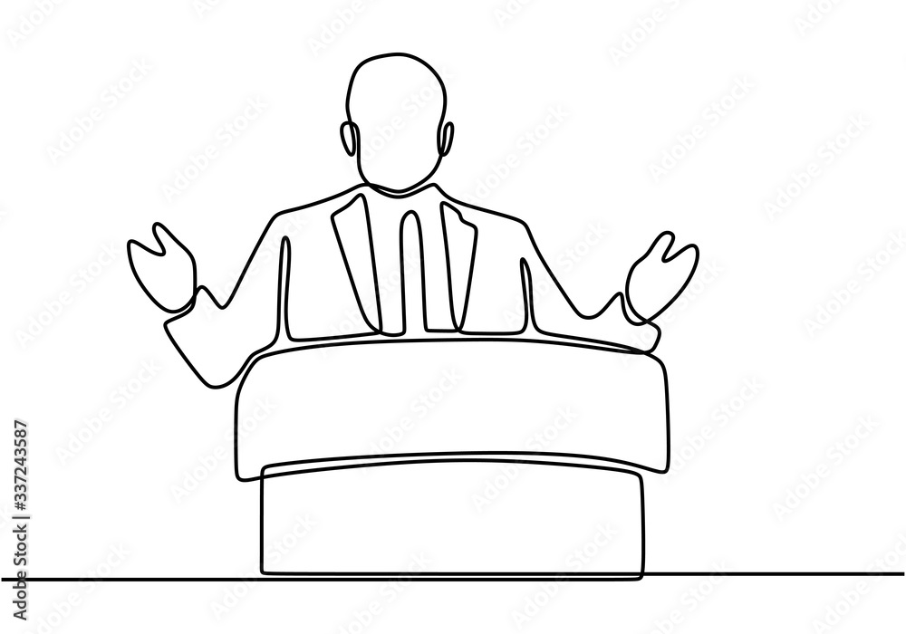 Continuous line drawing, a man give a speech on podium. Concept of ...