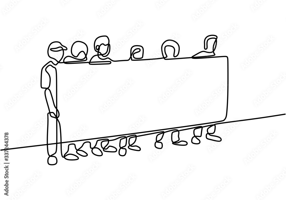Continuous line drawing people holding a protest sign. People's ...