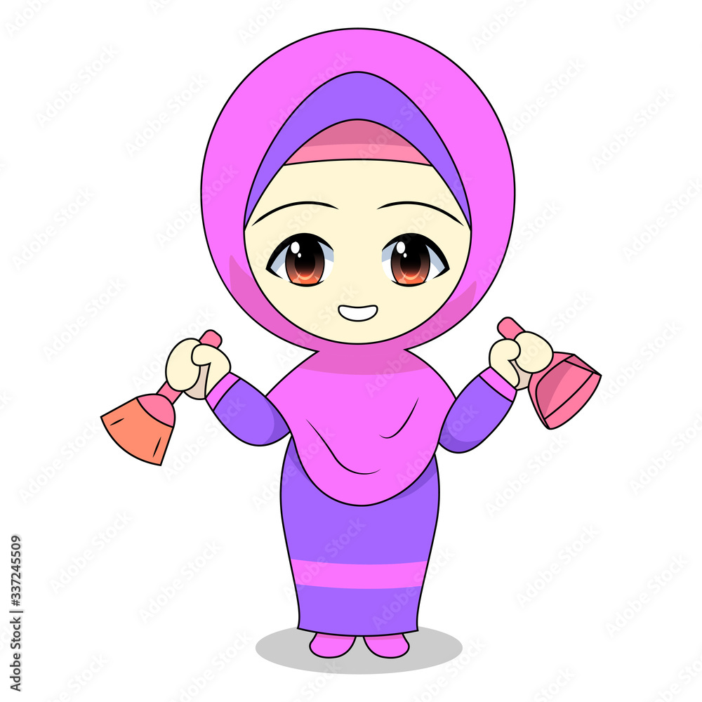 housekeeping cleaning tools. Cute Muslim children cartoon. Daily fun ...