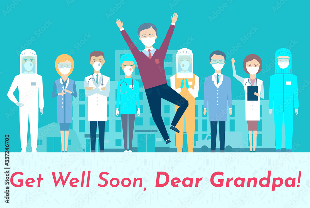 Vetor de Postcard. Old man jumping for joy. Recovering from illness ...
