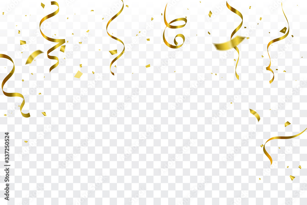 Golden Tiny Confetti And Streamer Ribbon Falling On Transparent Background. Vector Stock Vector ...