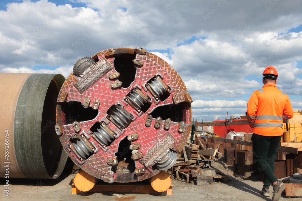 Tunnel boring machine on construction site building metro. Heavy ...