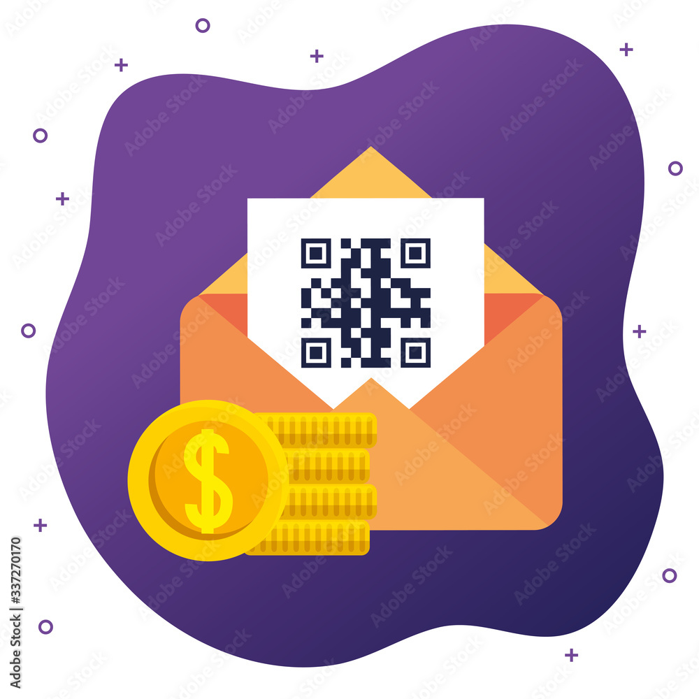 qr code inside envelope and coins design of technology scan information ...