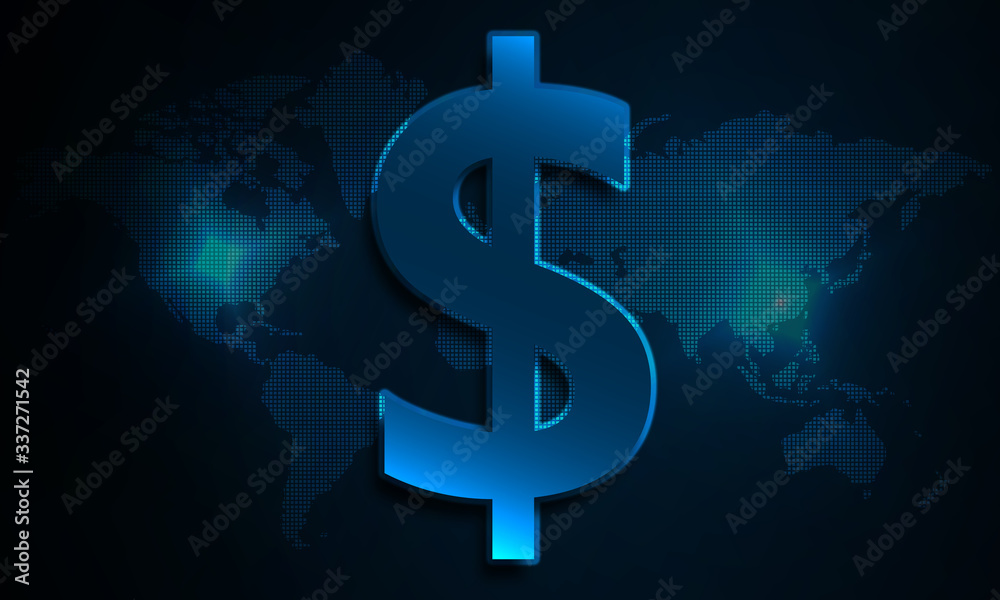 Dollar sign with world map as background Stock Illustration | Adobe Stock