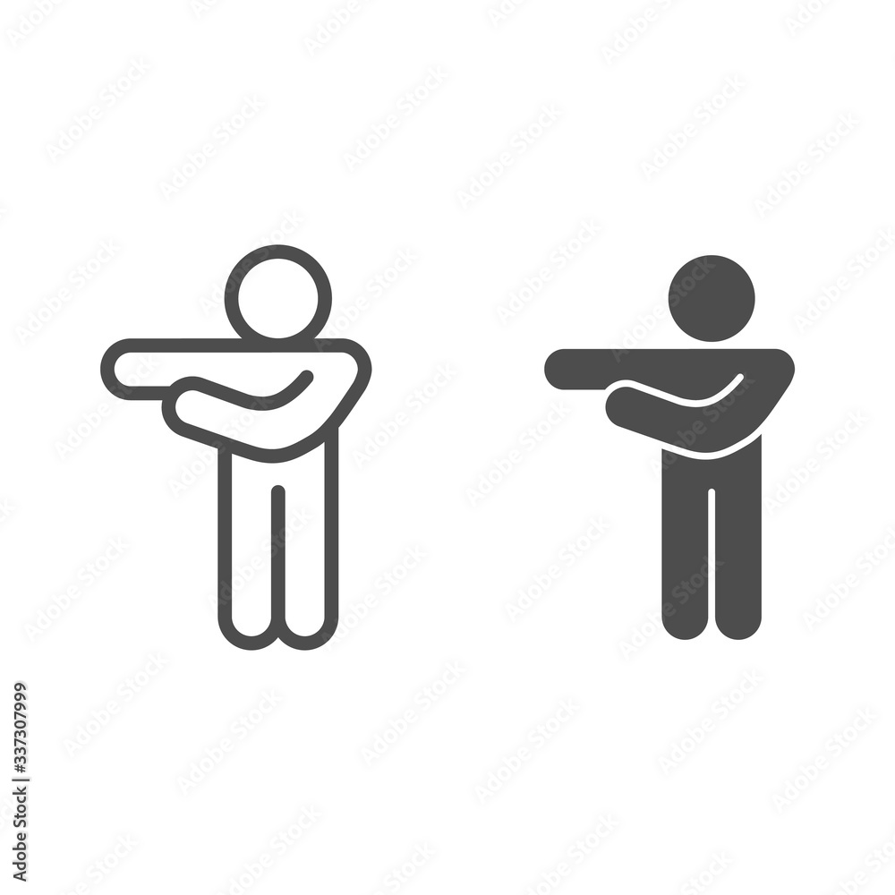 Man pointing with arms to left line and solid icon. Man with two arms ...