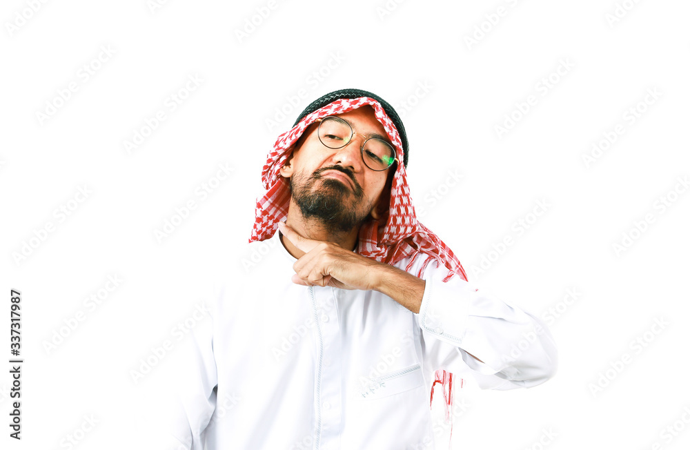 Arab bearded guy portrait wearing keffiyeh isolated on white background ...