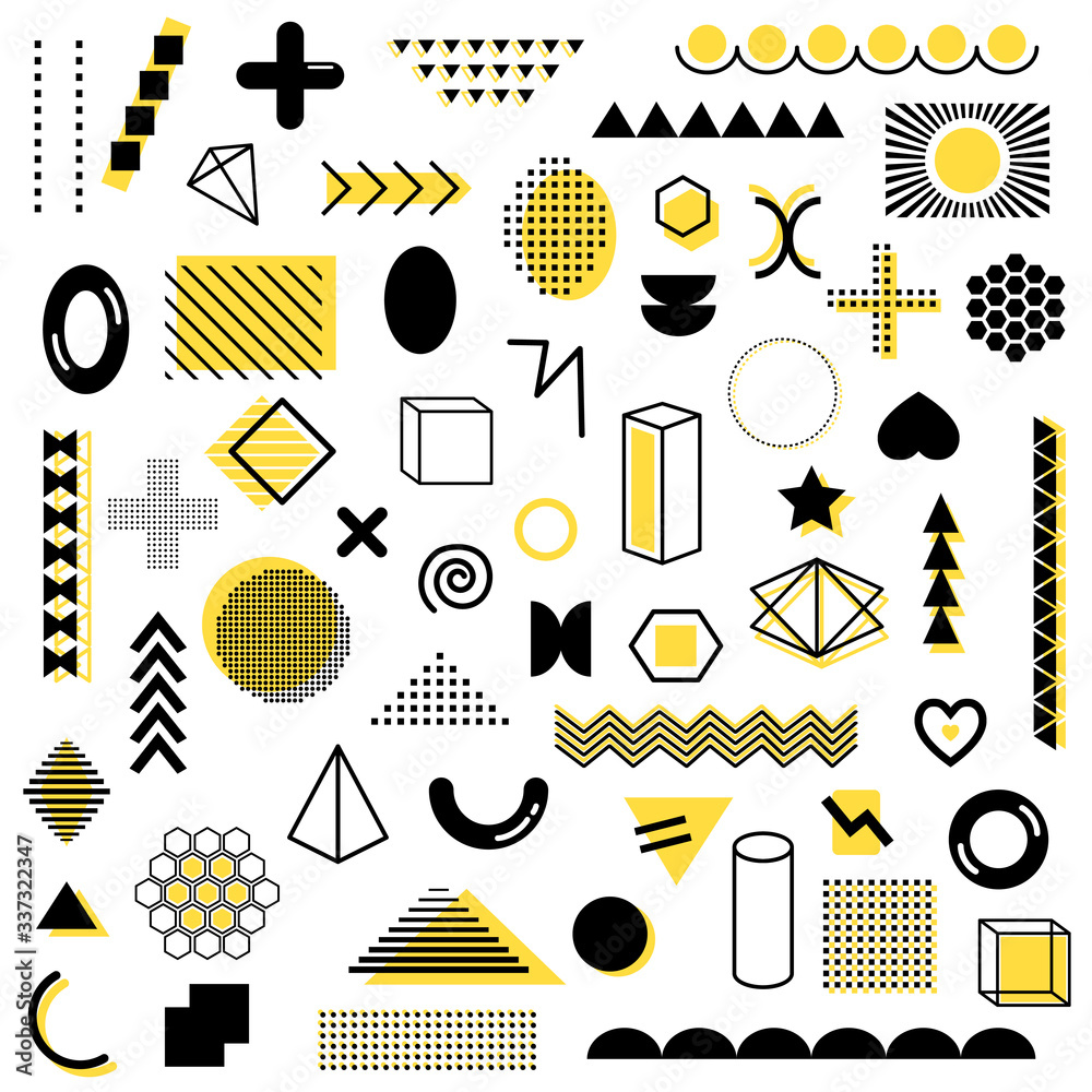Mega pack of black and yellow geometric shapes isolated on white ...