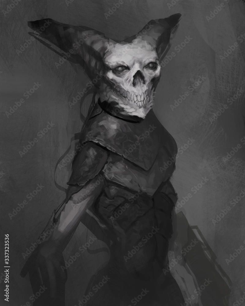 painting of skull headed space alien warrior creature with sci-fi gun ...