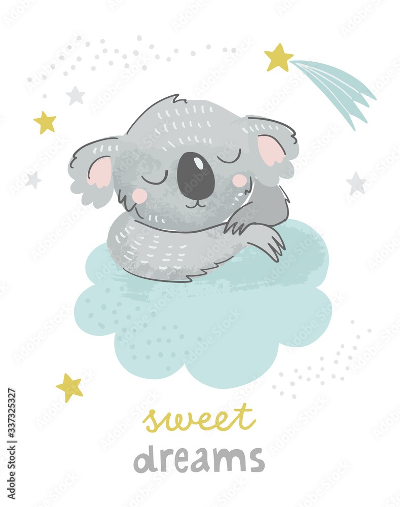 Koala sleeping on a cloud with phrase Sweet dreams and stars ...