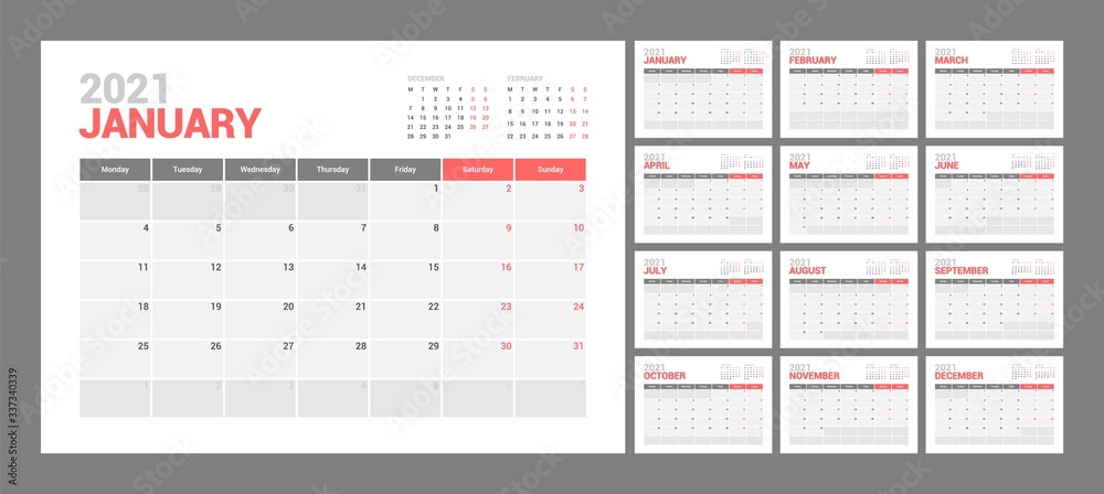 Wall calendar template for 2021 year. Planner diary in a minimalist ...