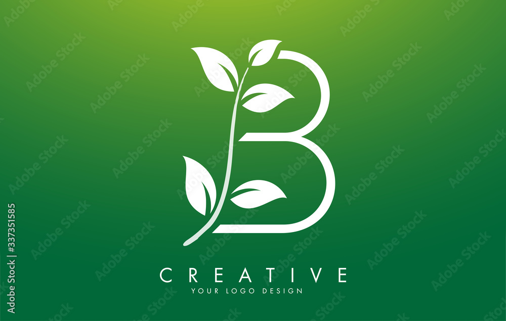 White Leaf Letter B Logo Design with Leaves on a Branch and Green ...