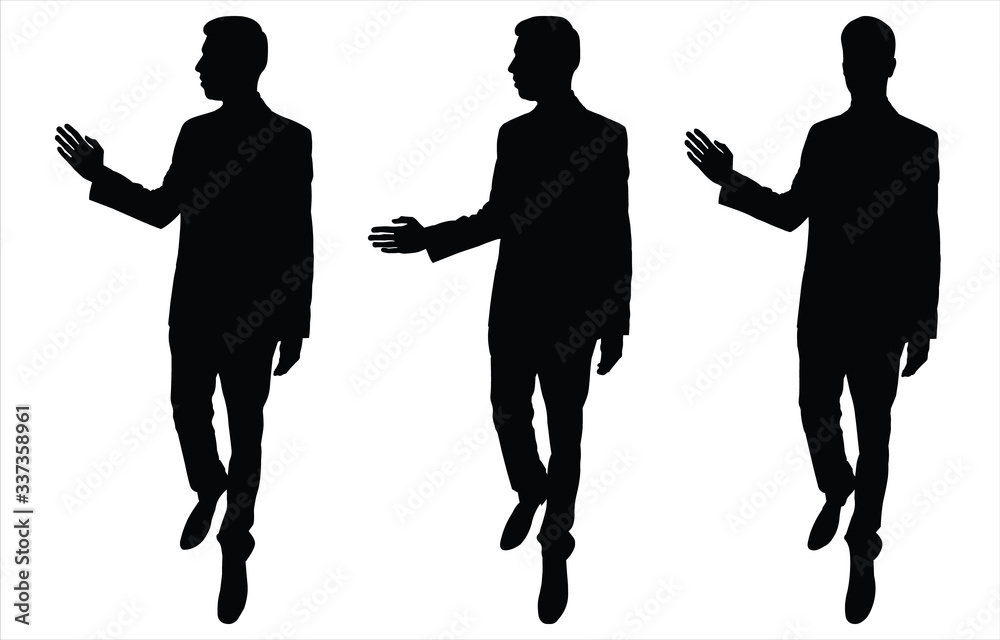 Vector illustration a man takes a step and raises his hand. Businessman ...