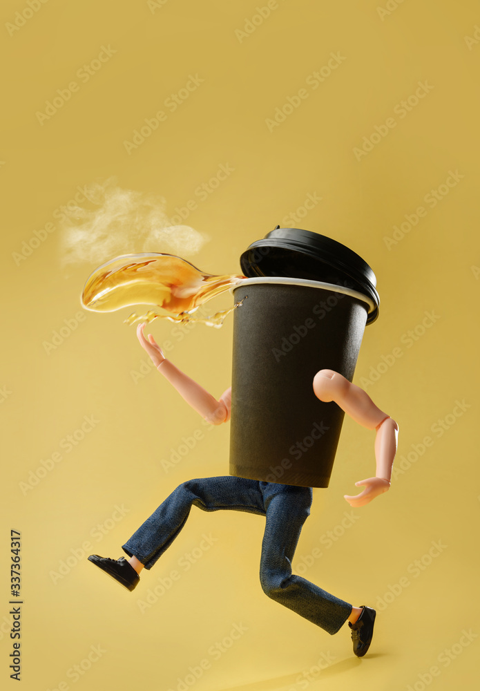 Paper drink maker with doll arms and legs on a yellow background. Stock ...