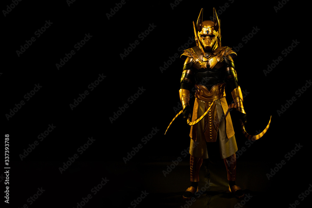 a male actor in a suit of an Egyptian mythology character, the golden ...