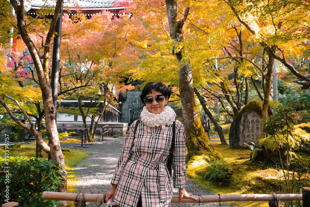 Asian senior woman tourist come to see autumn leaves in garden in ...